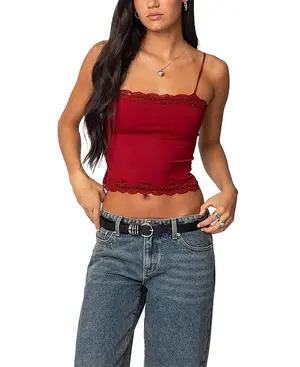 EDIKTED Cruella Lace Trim Tank Top - Burgundy