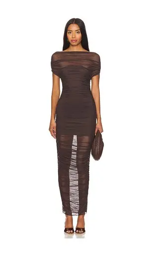 SEROYA Noel Off Shoulder Mesh Midi Dress - Ash Brown