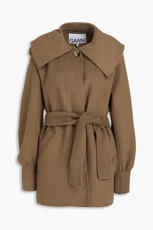 GANNI Belted Wool-blend Coat - Taupe