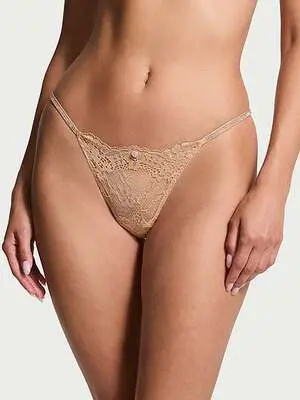 Victoria's Secret Dream Angels Twinkle Silver Lace V-string Panty - Beige