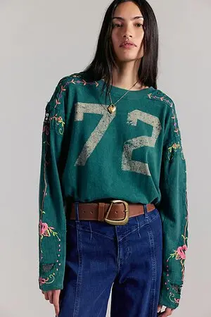 Free People Lilith Embroidered Tee - Deep Green