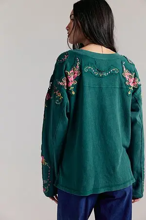 Free People Lilith Embroidered Tee - Deep Green