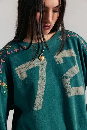 Free People Lilith Embroidered Tee - Deep Green
