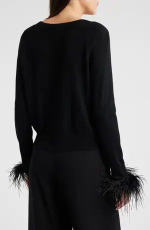 MILLY Feather Cuff V-neck Sweater - Black