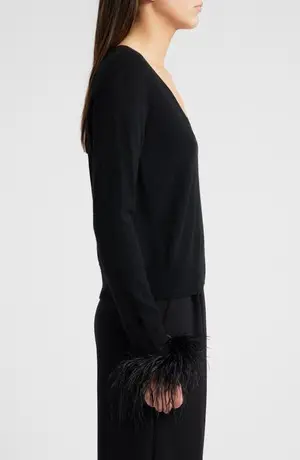 MILLY Feather Cuff V-neck Sweater - Black