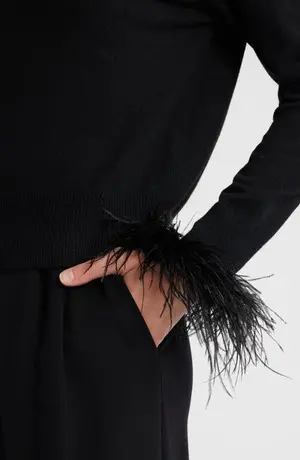 MILLY Feather Cuff V-neck Sweater - Black