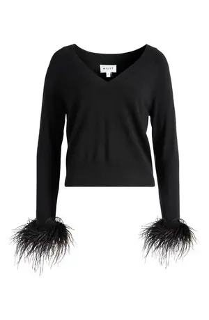 MILLY Feather Cuff V-neck Sweater - Black