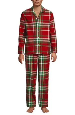 LANDS' END Flannel Pajama Set - Compass Red/emerald Plaid