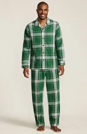 LANDS' END Flannel Pajama Set Light Emerald Plaid
