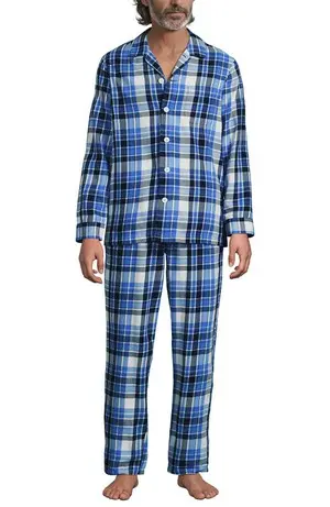 LANDS' END Flannel Pajama Set Muted Cobalt Blue Plaid