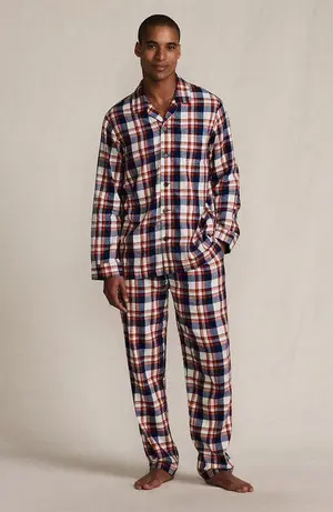 LANDS' END Flannel Pajama Set Navy/bourbon Plaid