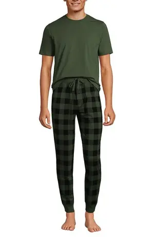 LANDS' END Knit Jersey Pajama Sleep Set Estate Green Buffalo Plaid
