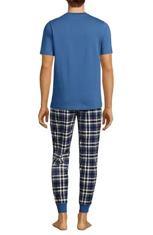 LANDS' END Knit Jersey Pajama Sleep Set - Mariner Blue/ivory Plaid