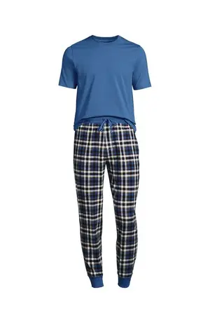 LANDS' END Knit Jersey Pajama Sleep Set - Mariner Blue/ivory Plaid