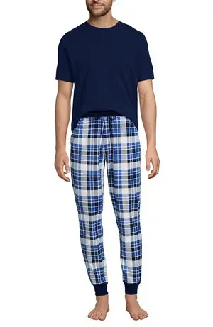LANDS' END Knit Jersey Pajama Sleep Set Muted Cobalt Blue Plaid