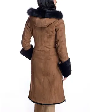 MAXIMILIAN Hooded Shearling Coat - Cognac/black