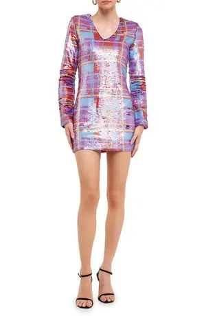 Endless Rose Check Pattern Sequin Long Sleeve Dress