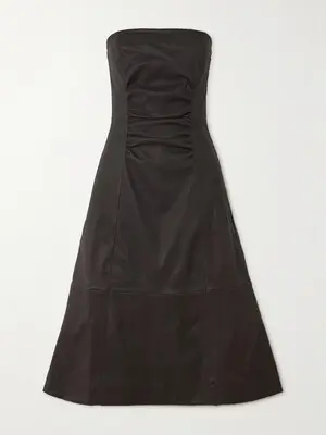 Staud Bowery Gathered Leather Midi Dress - Brown