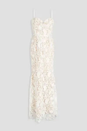 Marchesa Satin-trimmed Guipure Lace And Tulle Gown - White