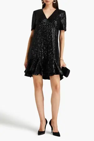 Badgley Mischka Sequined Tulle Mini Dress - Black