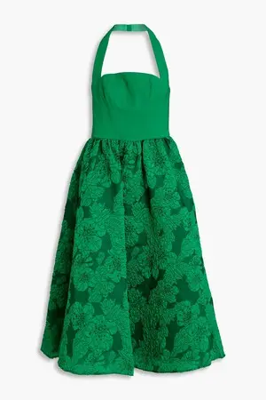 Marchesa Cloqué And Crepe Halterneck Midi Dress