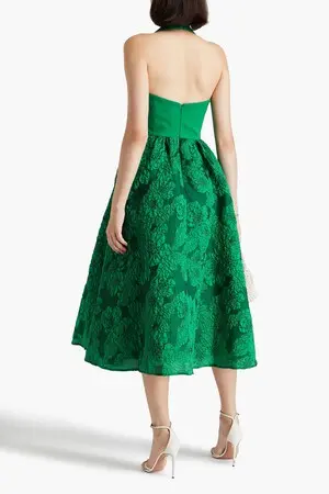Marchesa Cloqué And Crepe Halterneck Midi Dress