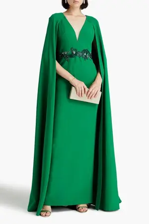 Marchesa Cape-effect Embellished Crepe Gown - Green