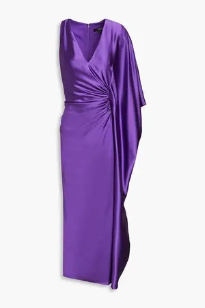 Badgley Mischka Asymmetric Ruched Satin-crepe Midi Dress