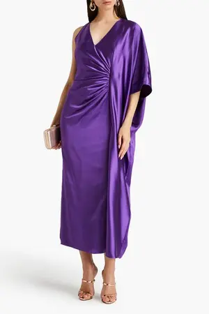 Badgley Mischka Asymmetric Ruched Satin-crepe Midi Dress
