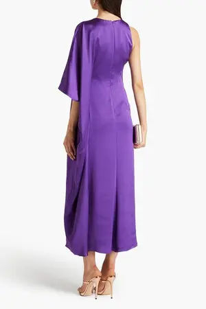 Badgley Mischka Asymmetric Ruched Satin-crepe Midi Dress