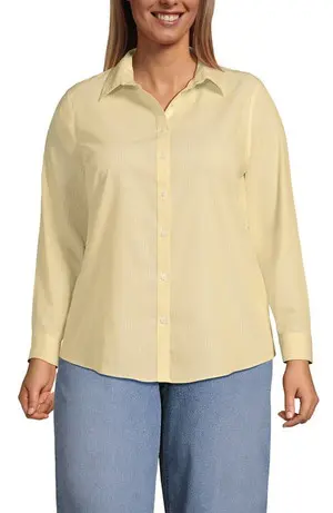 LANDS' END No Iron Button-front Shirt - Pale Sunbeam Thin Stripe