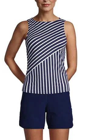 LANDS' END Mastectomy Chlorine Resistant Tankini Top - Deep Sea Mixed Diagonal Stripe
