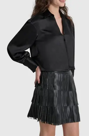 Dkny Satin Long Sleeve Top - Black