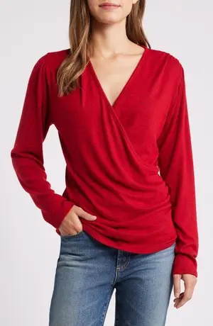 Loveappella Long Sleeve Faux Wrap Top - Red