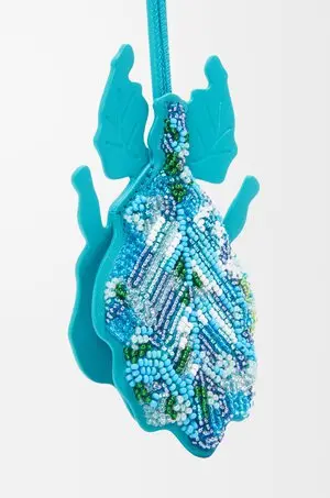 Loewe Leaf Insect Keyfob Charm In Beaded Leather - Deep Turquoise