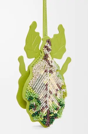 Loewe Leaf Insect Keyfob Charm In Beaded Leather - Meadow Green