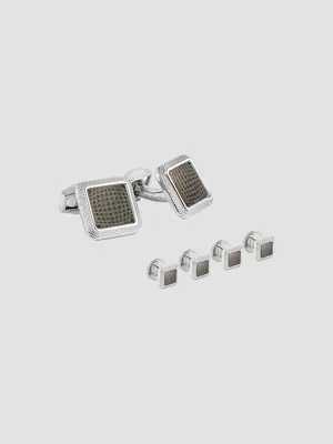 Tateossian Spazio Square Mother Of Pearl Cufflinks & Shirt Studs Set - Silver