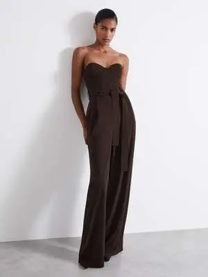REISS Estel Atelier Strapless Crepe Bustier Jumpsuit - Chocolate