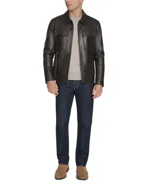 Cole Haan Zip Front Leather Jacket - Dark Brown