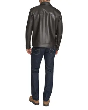 Cole Haan Zip Front Leather Jacket - Dark Brown