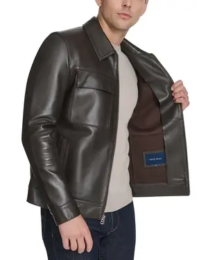 Cole Haan Zip Front Leather Jacket - Dark Brown