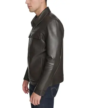 Cole Haan Zip Front Leather Jacket - Dark Brown