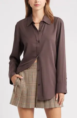 OPEN EDIT Relaxed Fit Long Sleeve Button-up Shirt - Brown Seal