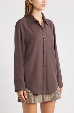 OPEN EDIT Relaxed Fit Long Sleeve Button-up Shirt - Brown Seal