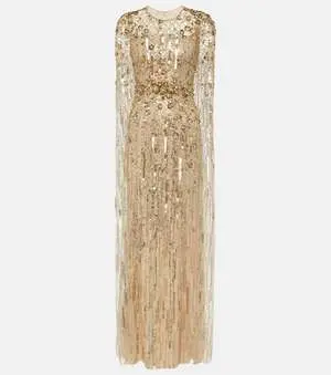 Jenny Packham Ruby Sequined Caped Gown - Gold