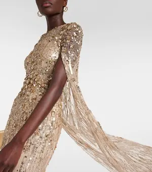Jenny Packham Ruby Sequined Caped Gown - Gold