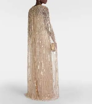 Jenny Packham Ruby Sequined Caped Gown - Gold