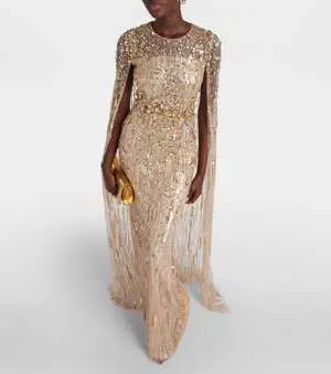 Jenny Packham Ruby Sequined Caped Gown - Gold