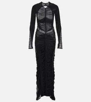 MUGLER Ruched Open-back Mesh Gown