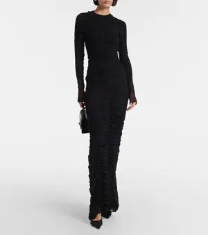 MUGLER Ruched Open-back Mesh Gown